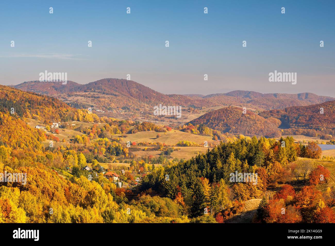 Landscape of hills in autumn colors. The Stiavnica Mountains, volcanic ...