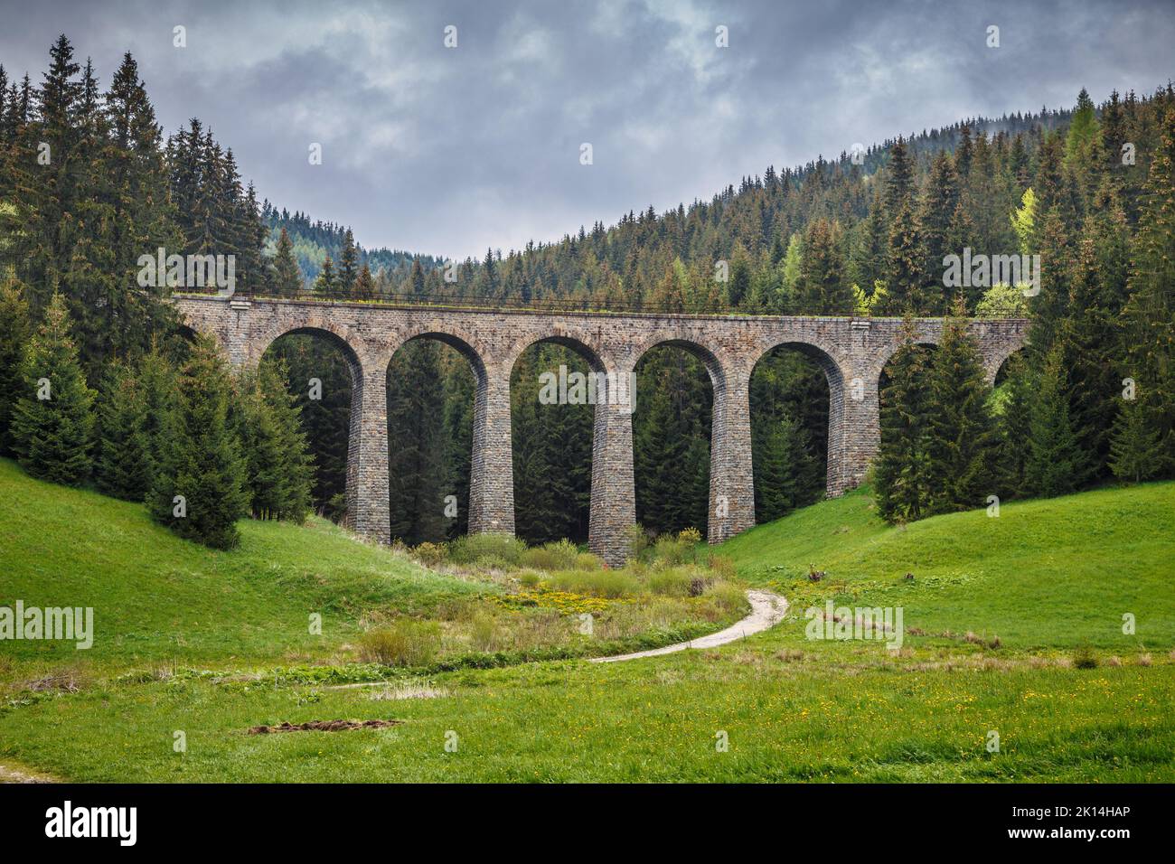 The Chmaros viaduct, stone railway bridge near of The Telgart town in ...