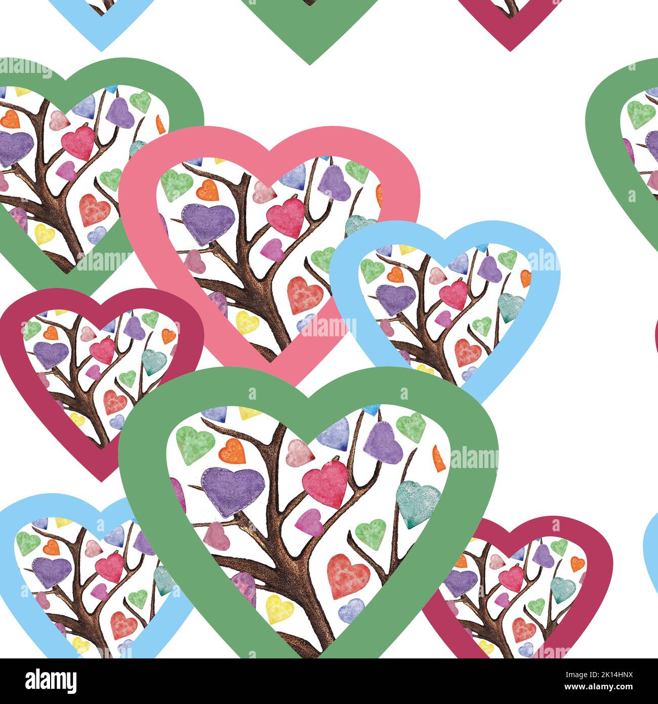 Hand drawn watercolor Valentines seamless pattern with colored hearts ...