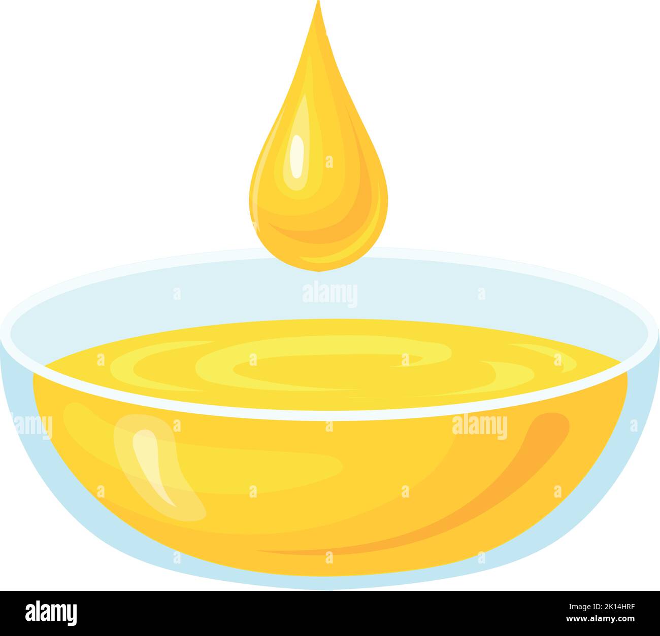 Oil dropping in glass bowl. Cartoon yellow liquid isolated on white ...