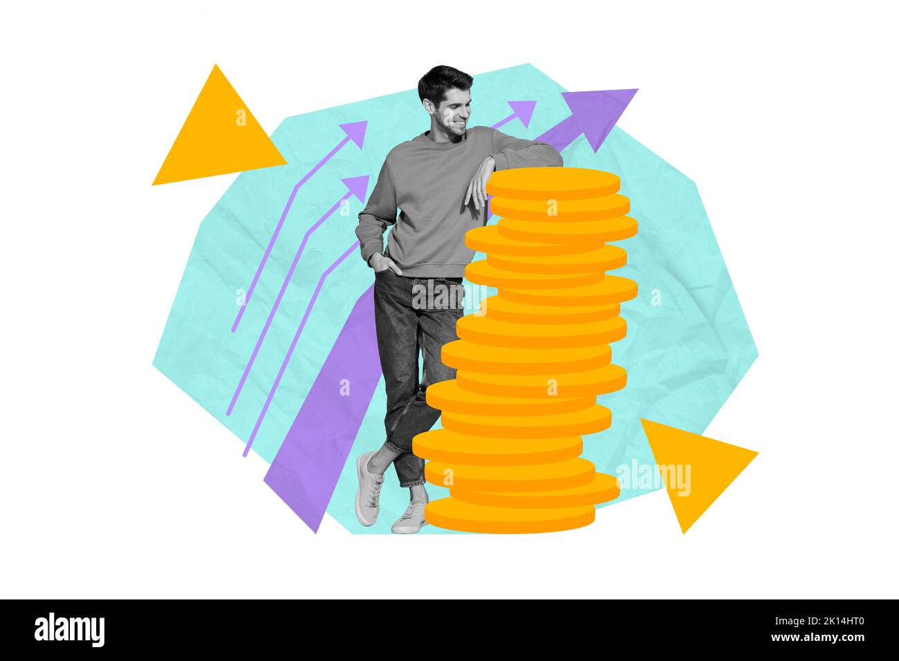 Creative abstract template collage of satisfied happy man lean big ...