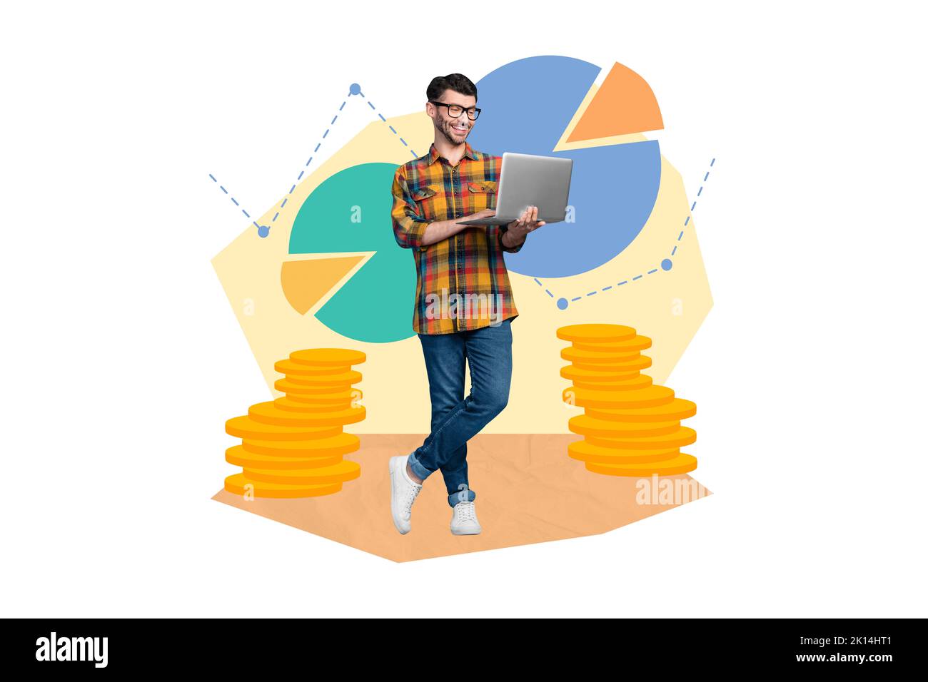 Composite collage image of smart smiling businessman work netbook ...