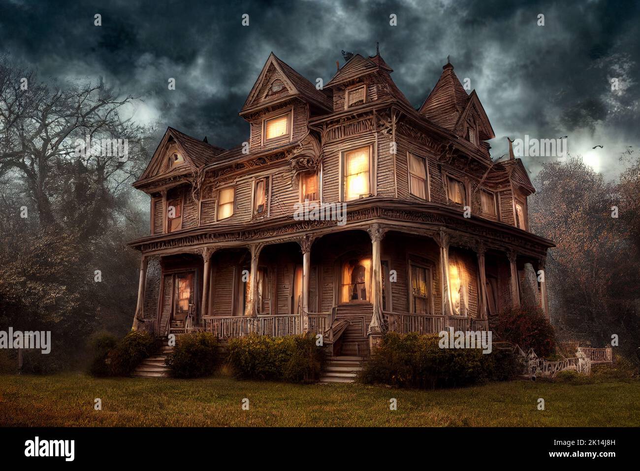 Halloween American Victorian Spooky House. Digital art background Stock ...