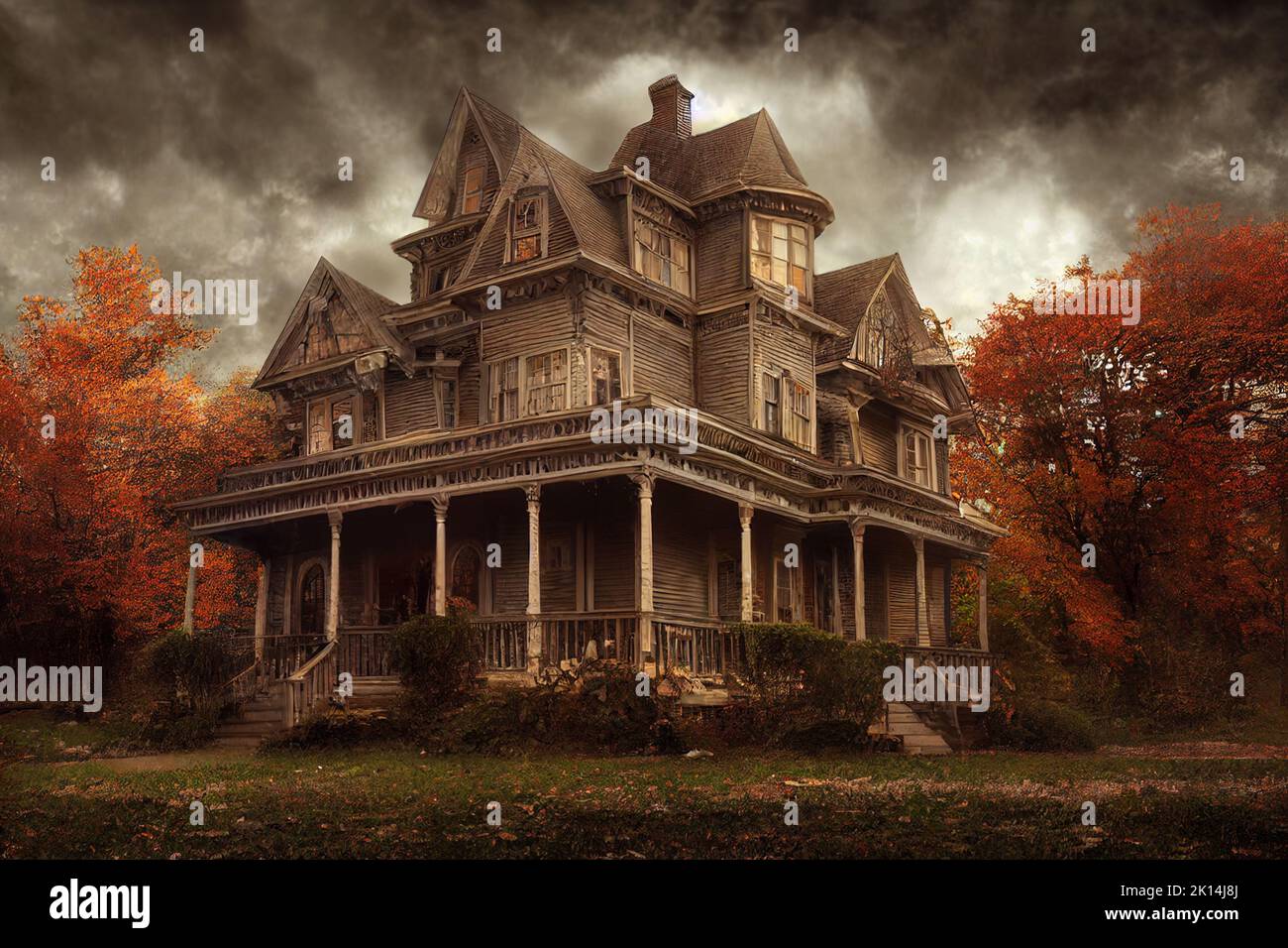 Halloween American Victorian Spooky House. Digital art background Stock ...