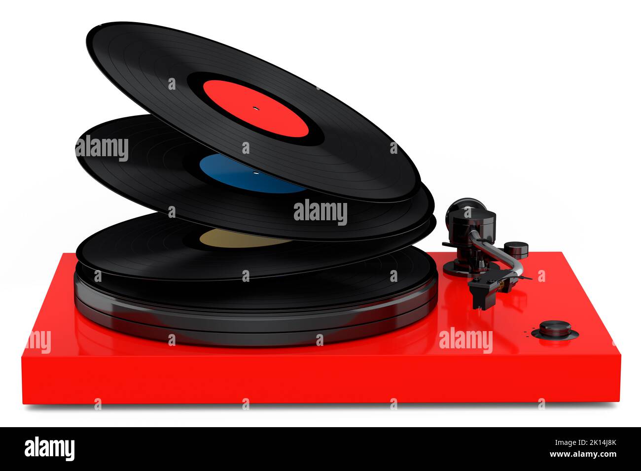 Vinyl record player or DJ turntable with flying vinyl plate on white ...