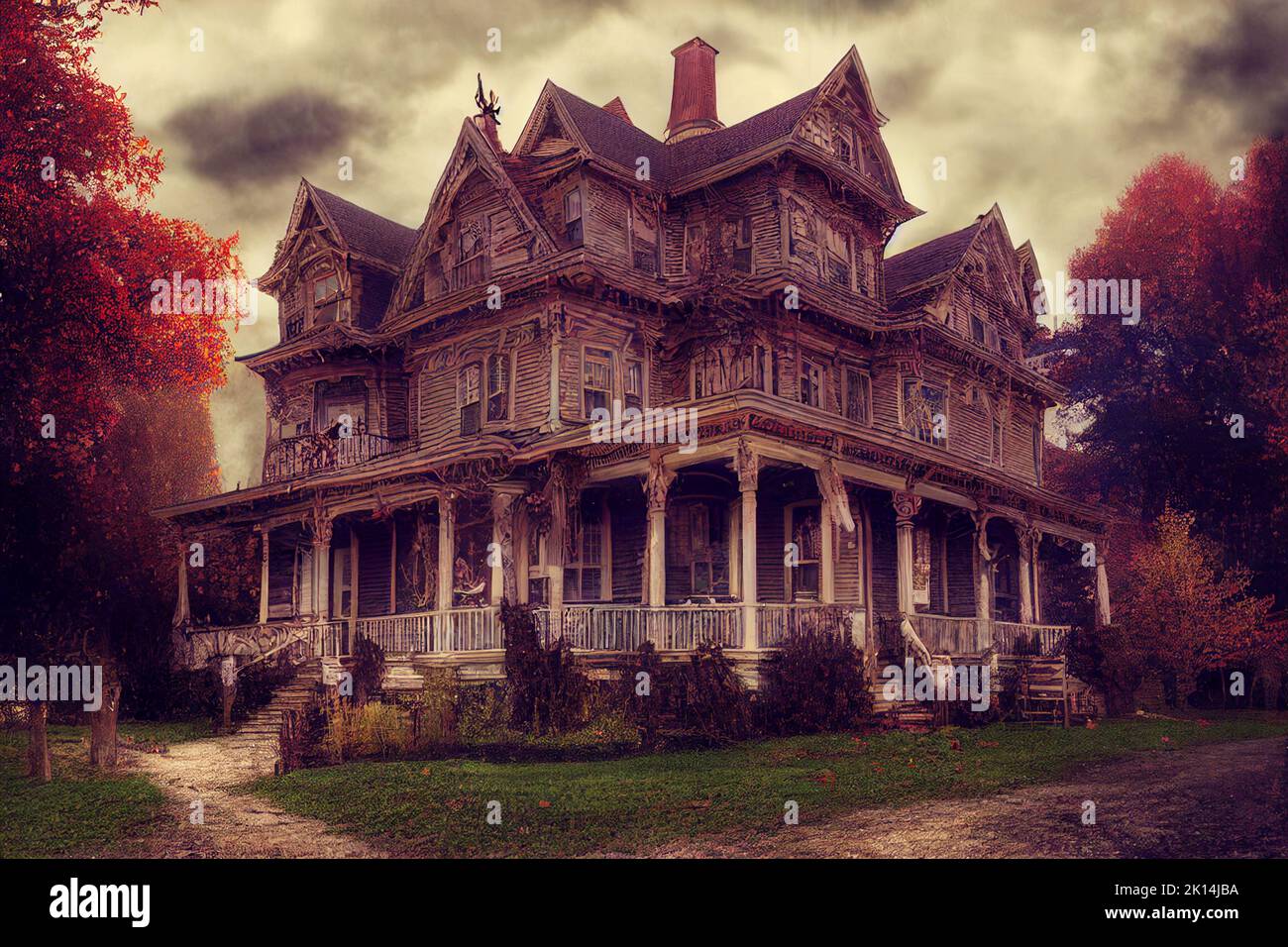 Halloween American Victorian Spooky House. Digital art background Stock ...