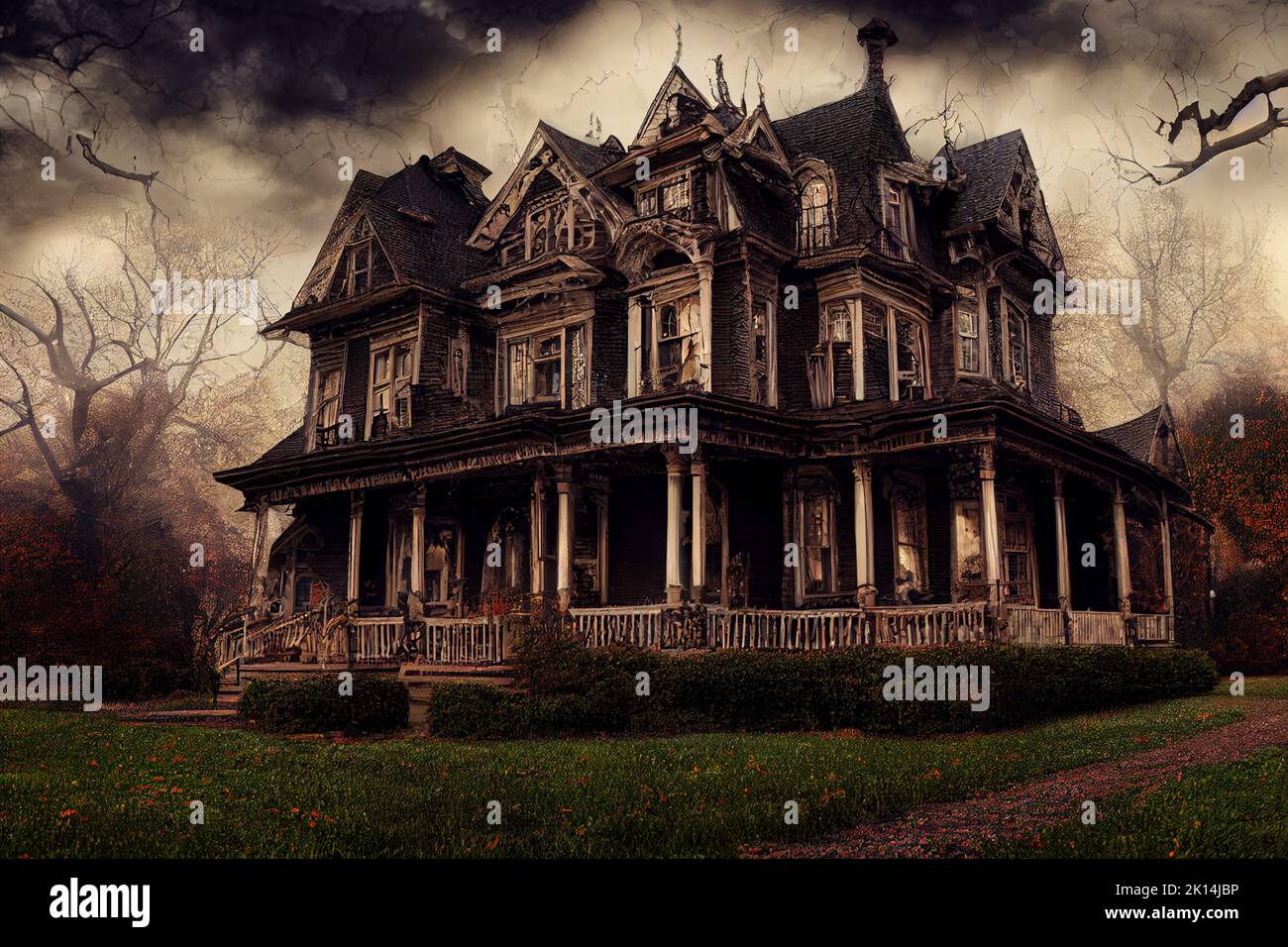 Halloween American Victorian Spooky House. Digital art background Stock ...