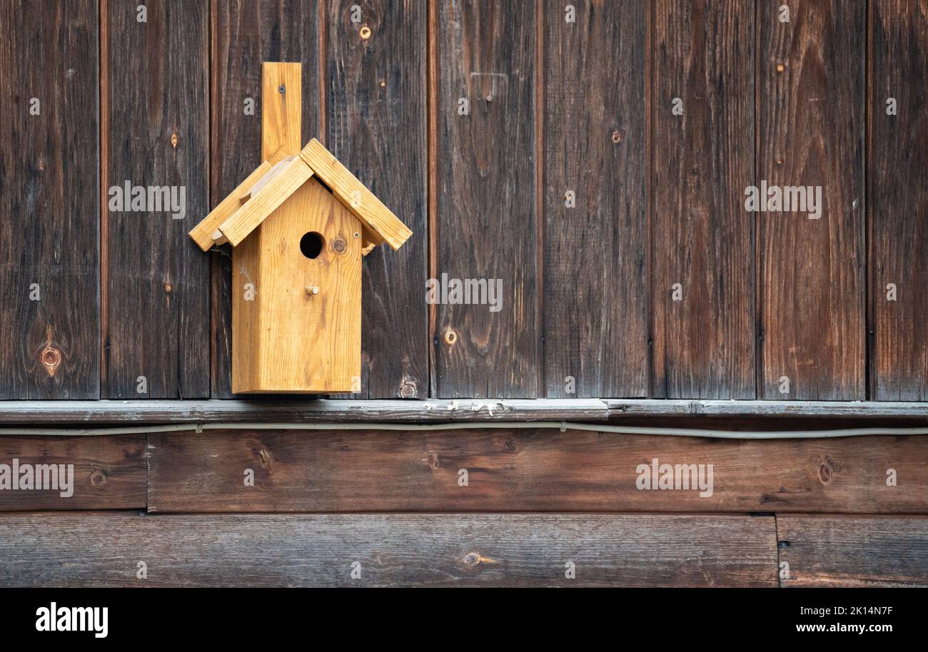 Wooden nesting box for birds on the wall of an old wooden building ...