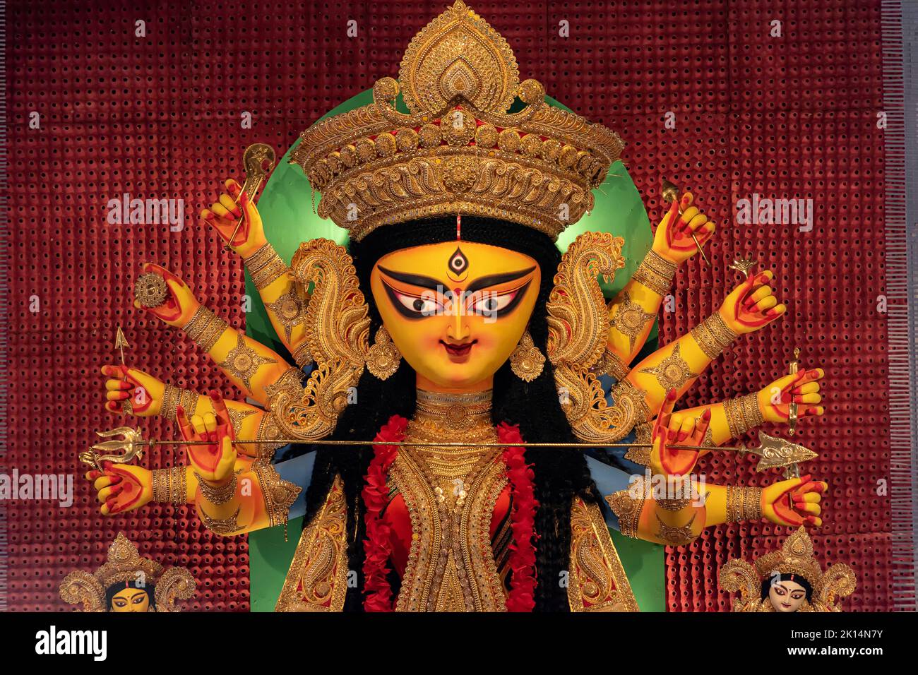 Goddess Durga devi idol decorated at puja pandal in Kolkata, West ...
