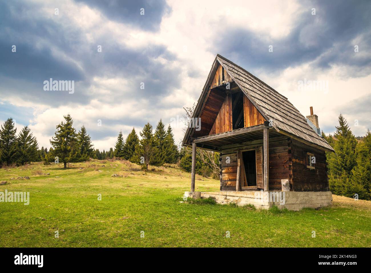 Tourist wooden shelter in The Polana small mountain range in central ...