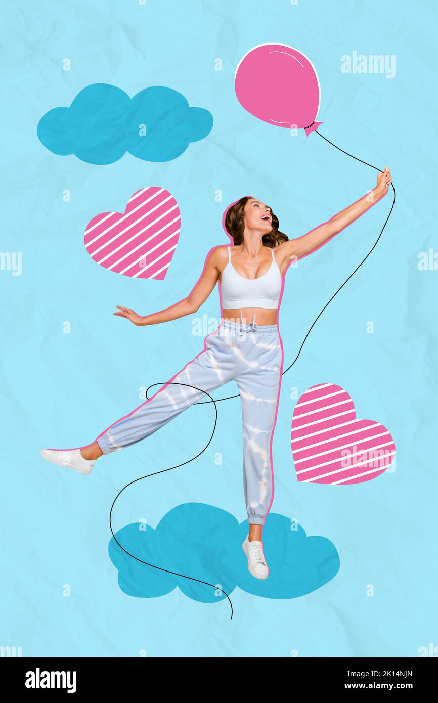 Vertical creative collage image of excited happy young beautiful girl ...