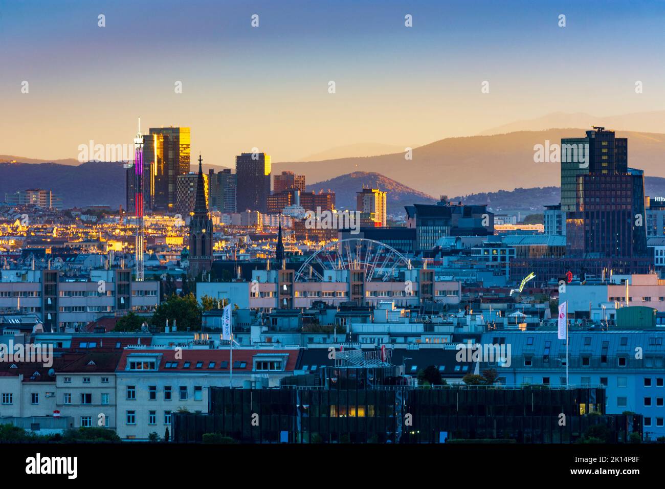 Wien, Vienna: last sunlight at amusement park Prater with Ferris Wheel ...