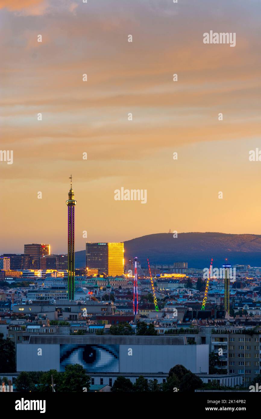 Wien, Vienna: last sunlight at amusement park Prater with Praterturm ...