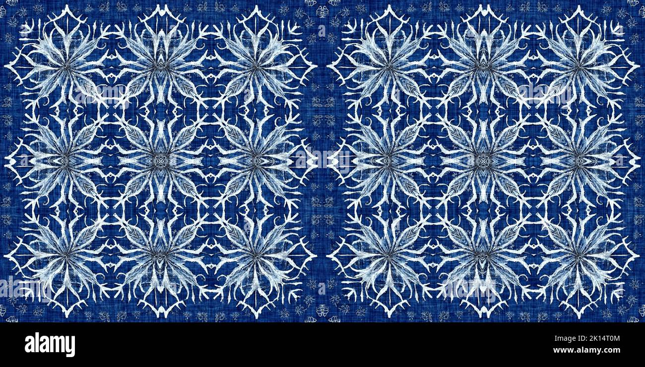 Indigo blue snow flake border background. Frosty batik painterly effect ...