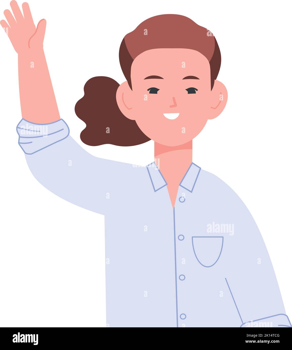 Girl waving hand. Friendly kid greeting gesture isolated on white ...