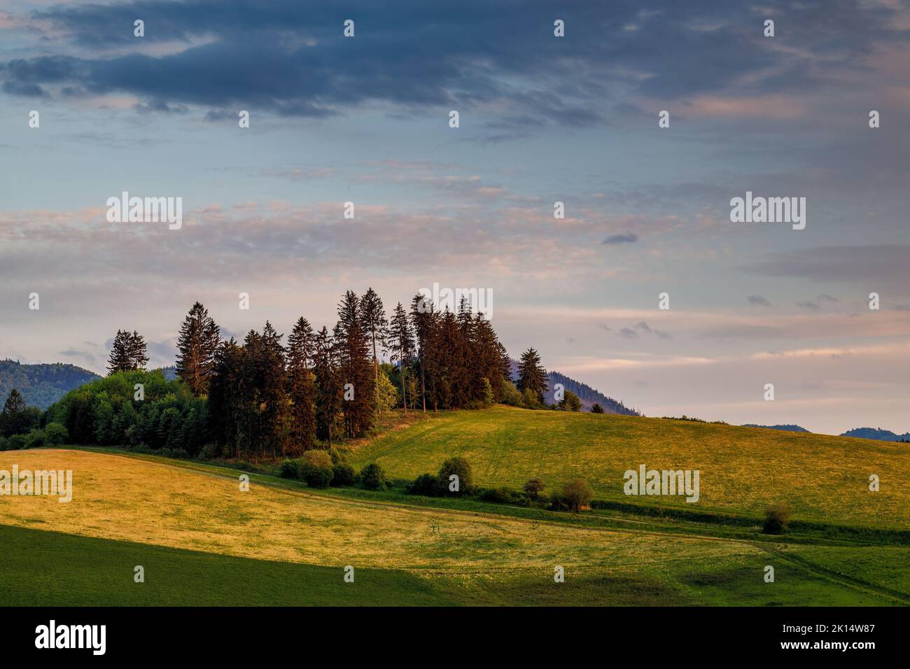 Spring rural landscape with dramatic sky at sunset. Meadows on the ...
