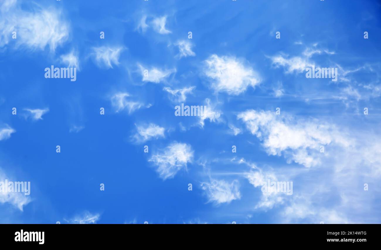 Blue clear summer sky isolated cloudscape, bright white cirrus floccus ...