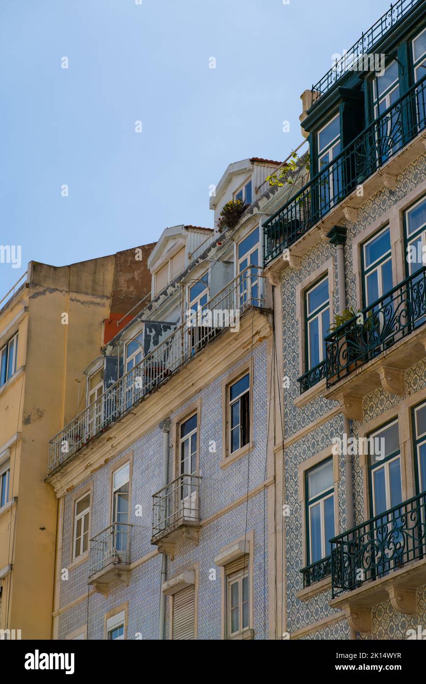 Facade of a unique building with patterned walls and balconies Stock ...