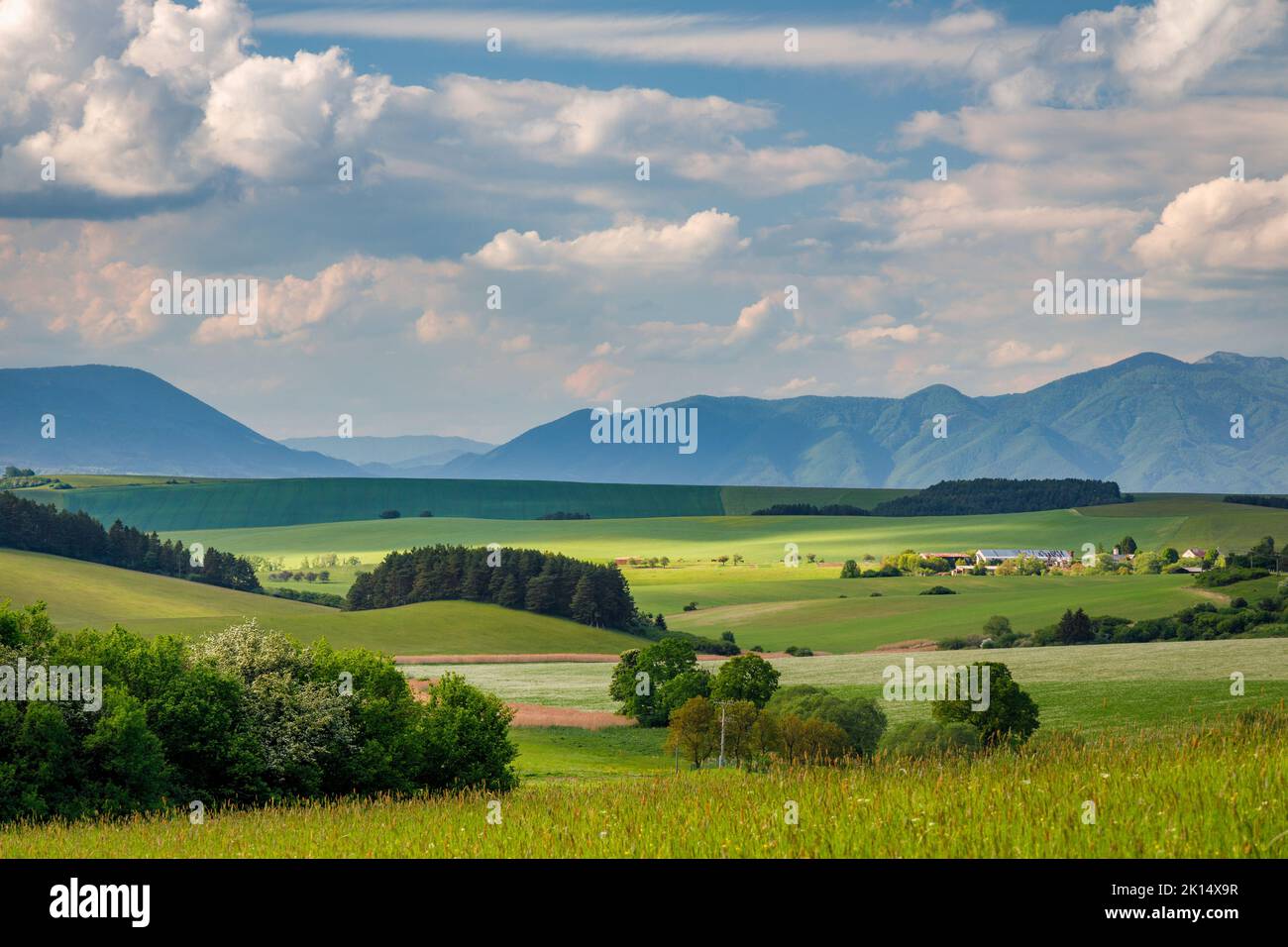 Sunny spring rural landscape, the valley with mountains in the ...