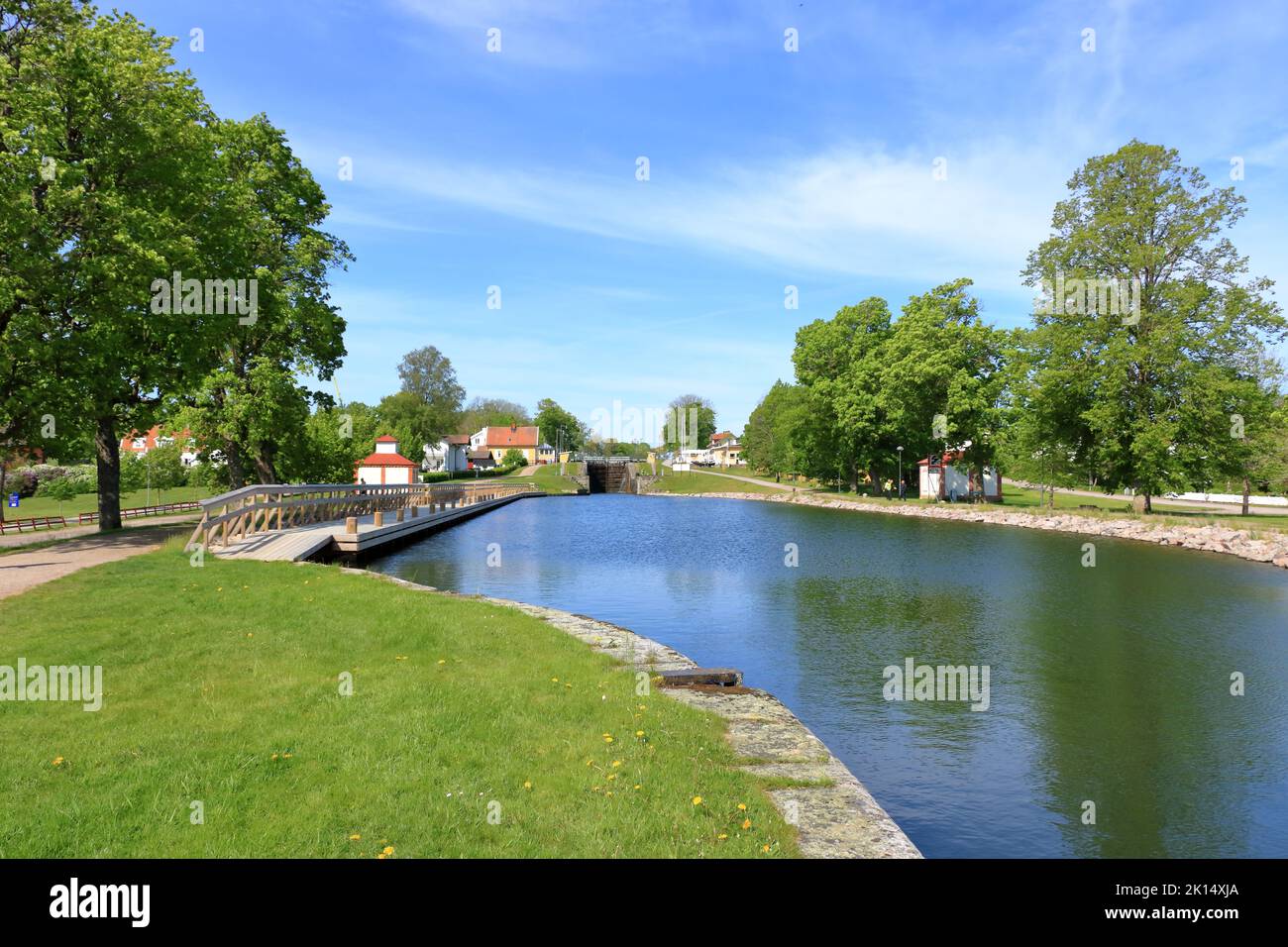 May 24 2022 - Linkoping, Berg in Sweden: lock of a ship in the lock ...