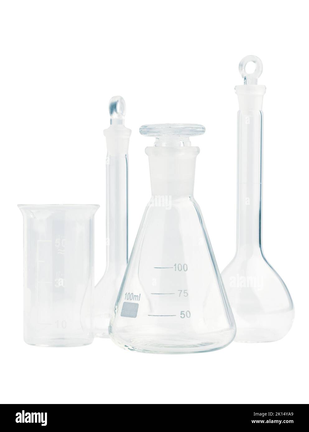 Empty laboratory glassware isolated on white background in close-up ...