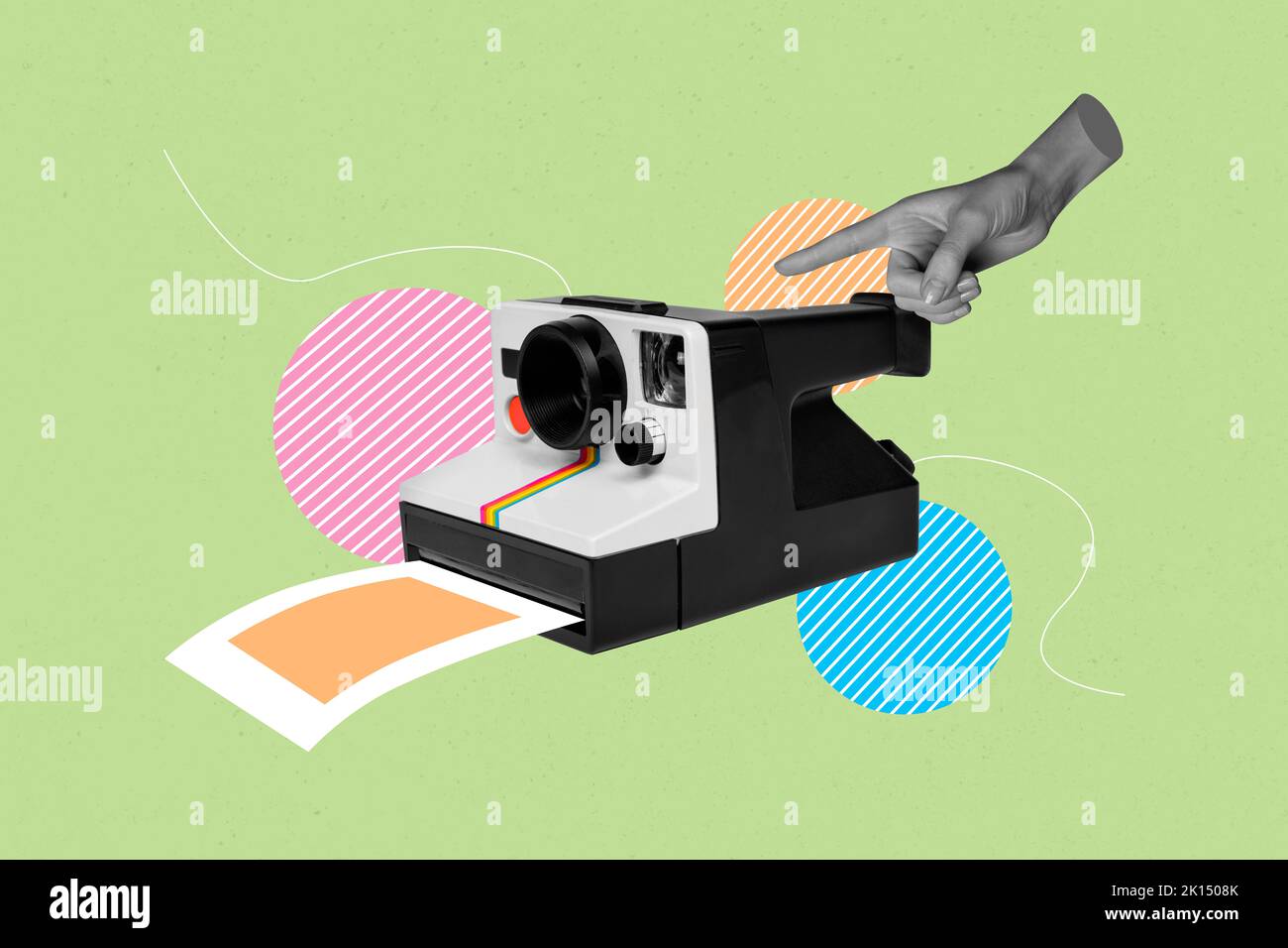 3d retro abstract creative artwork template collage of hand push button ...