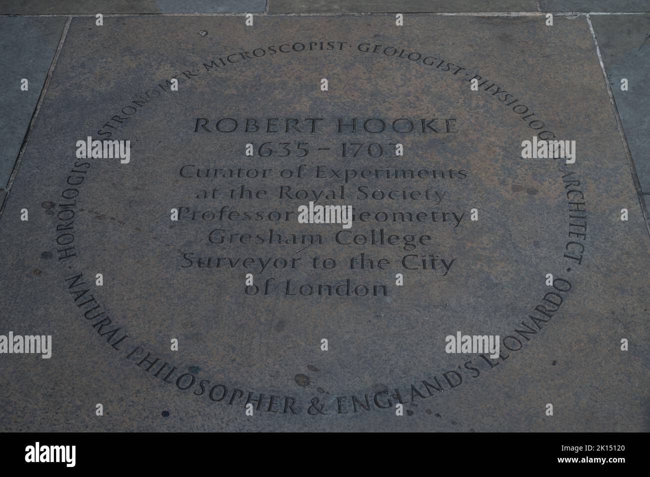 Memorial stone pavement inset to Robert Hooke who collaborated with Sir ...
