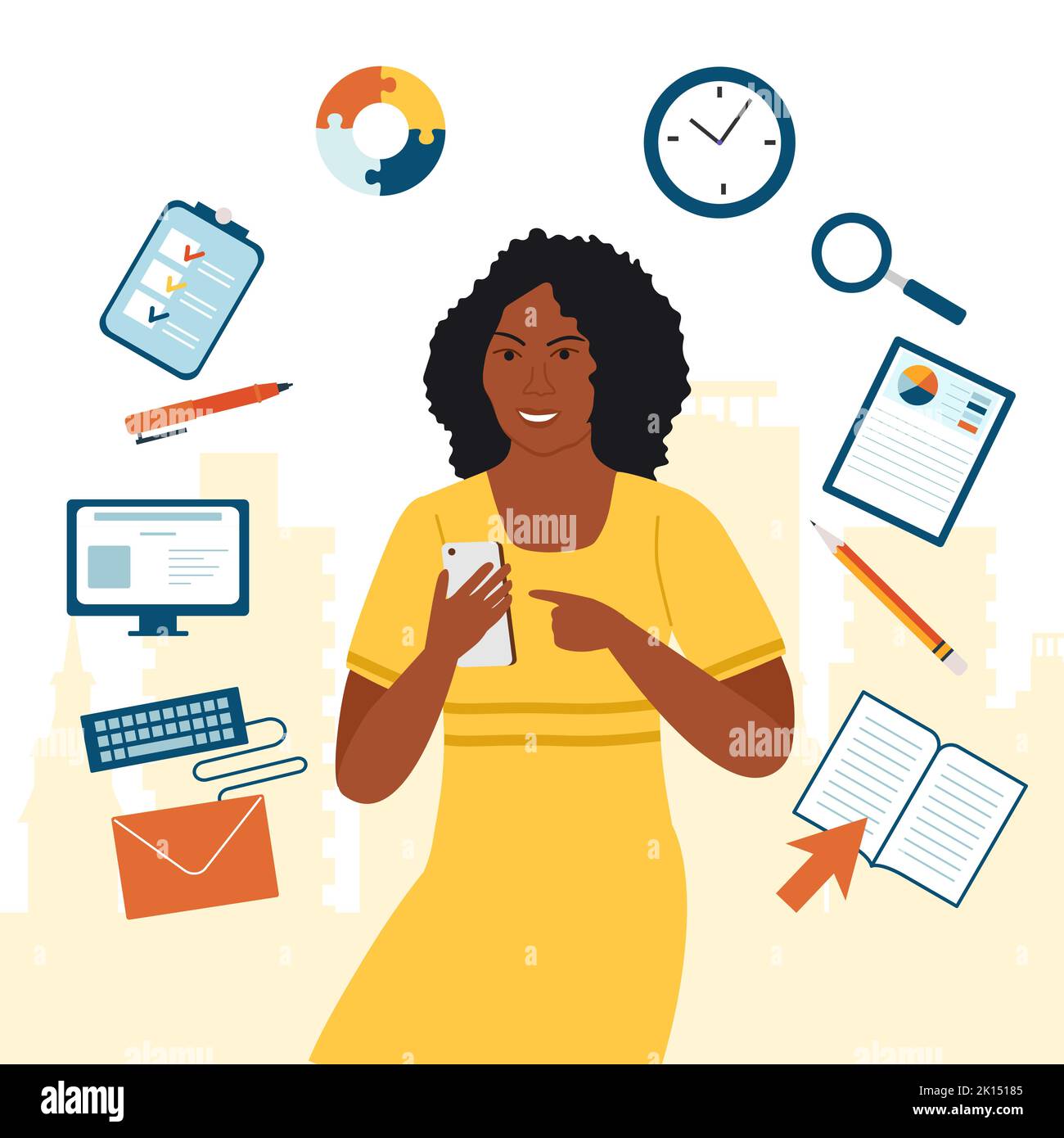 Vector illustration Woman uses applications on cell phone for work ...