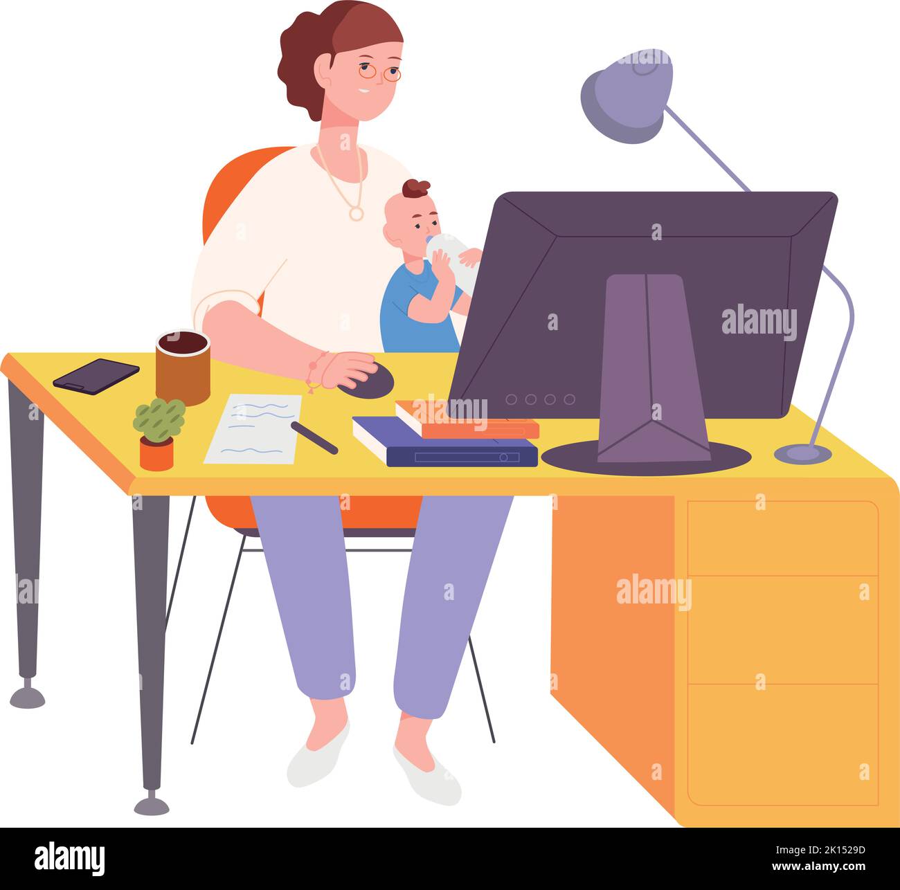 Woman working on computer with baby. Freelancing mother isolated on ...