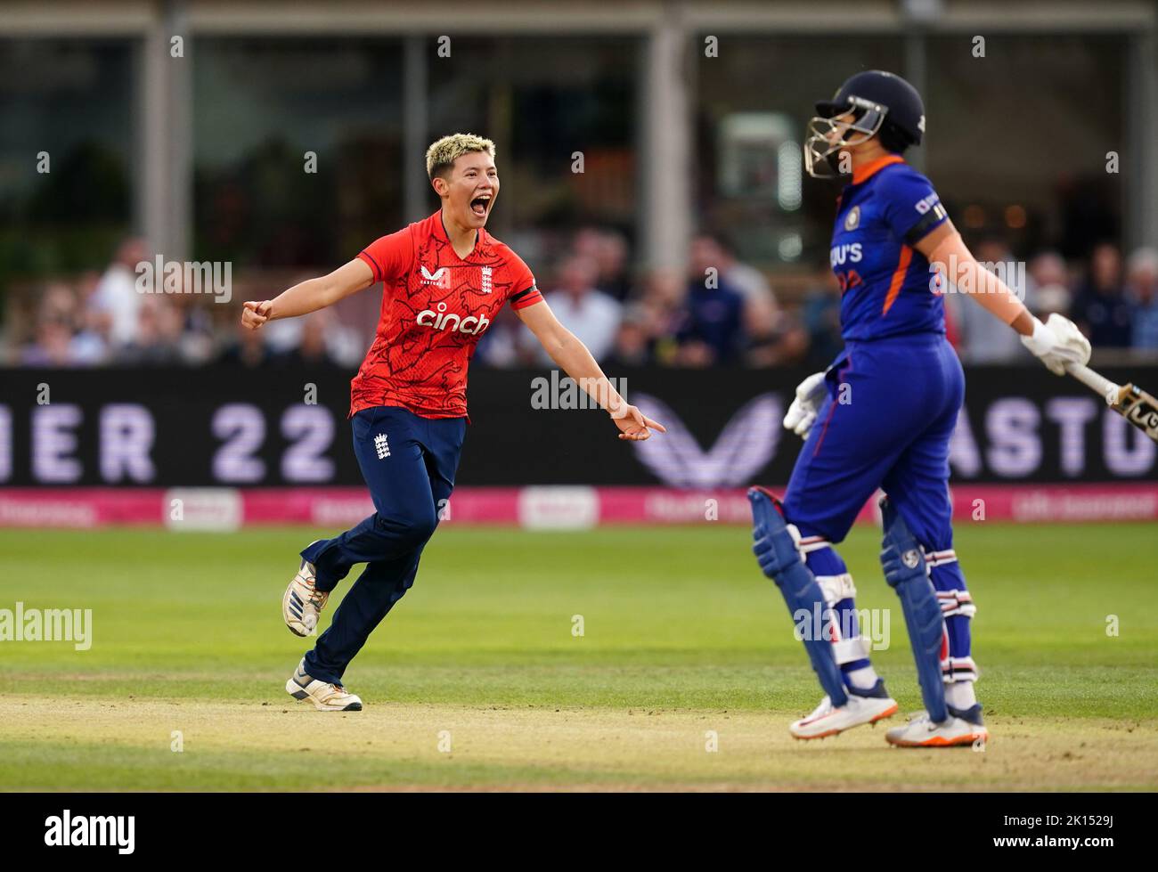 England's Issy Wong celebrates taking the wicket of India's Shafali ...