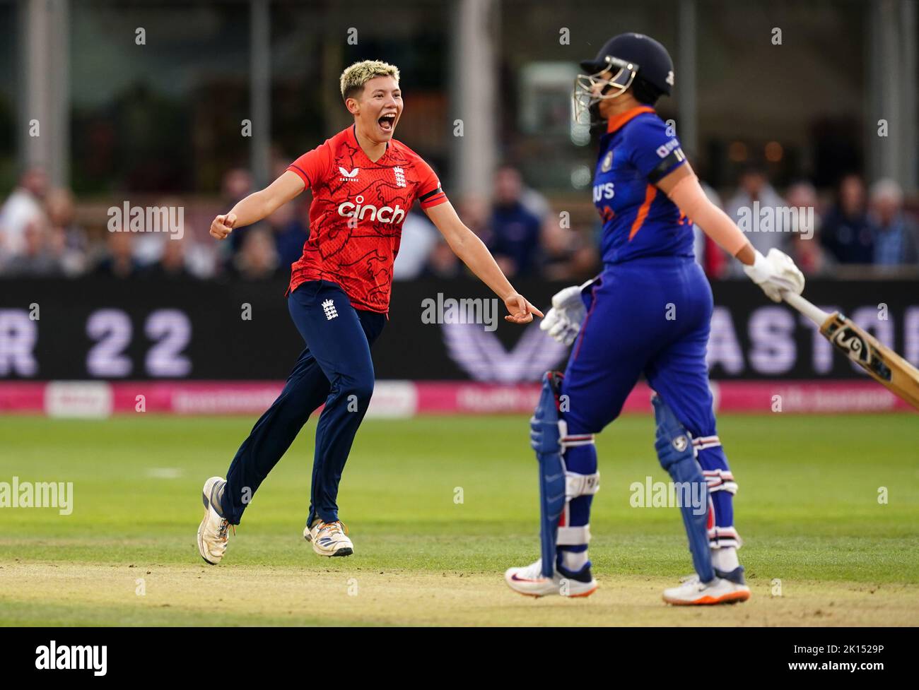 England's Issy Wong celebrates taking the wicket of India's Shafali ...