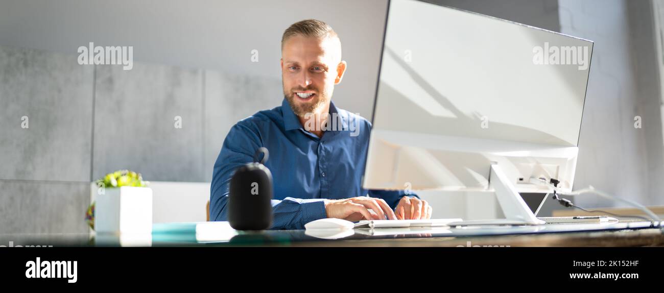 Using Smart Voice Assistant Wireless Mini Speaker Stock Photo - Alamy