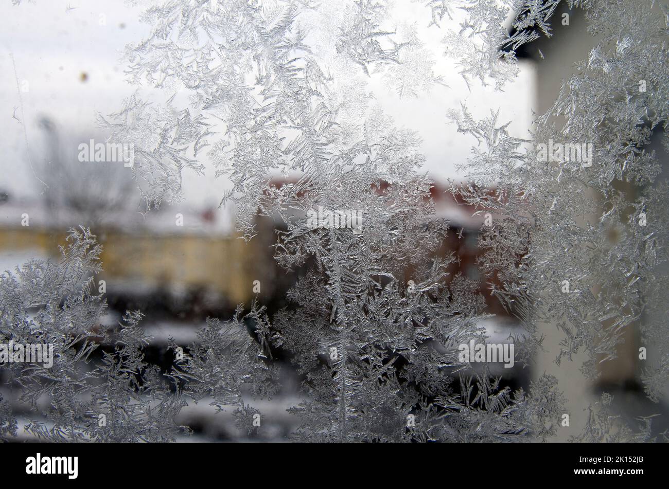 Frosted frozen ice crystals on a city window in icy London winter ...