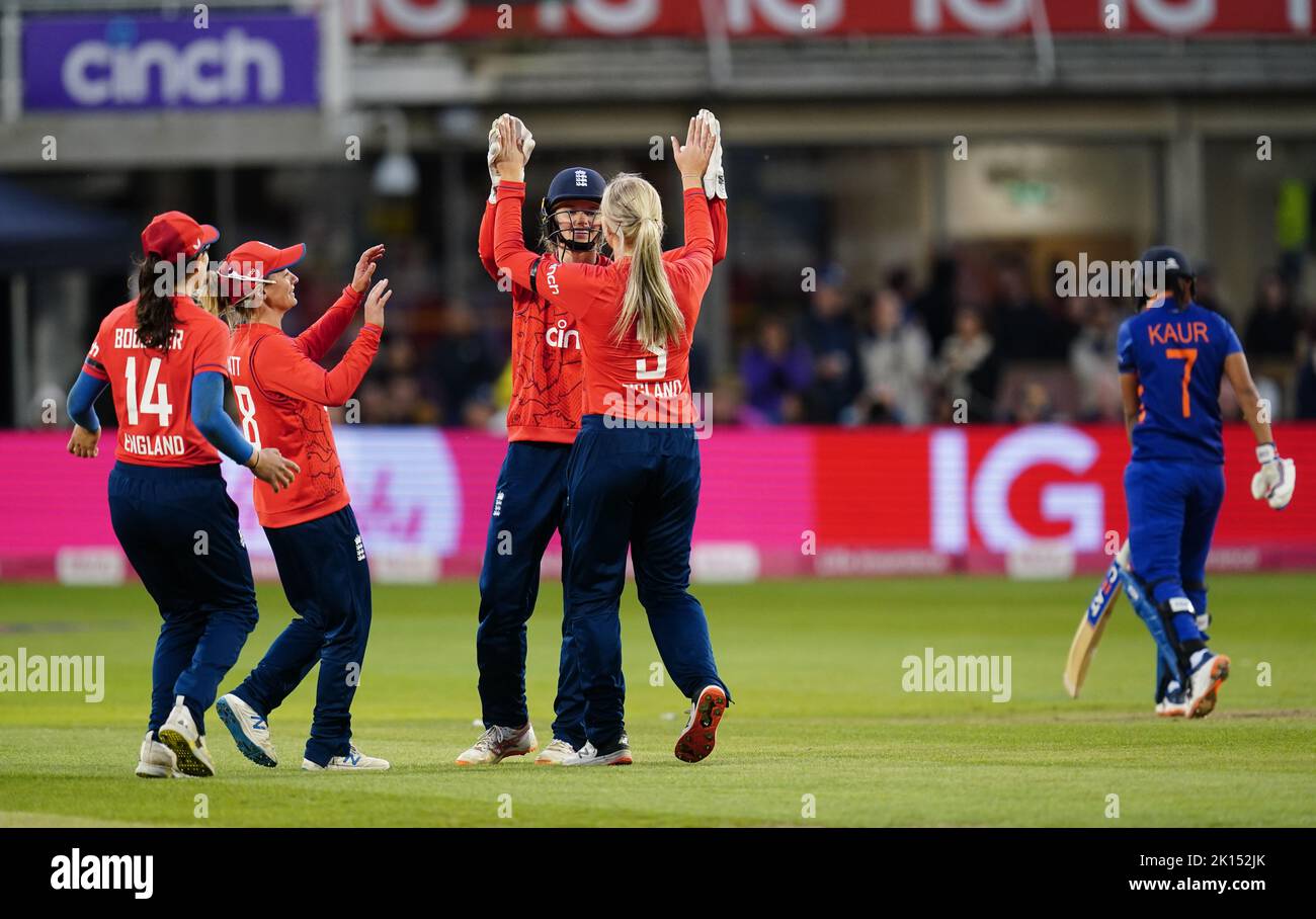 England's Sarah Glenn (centre right) celebrates taking the wicket of ...