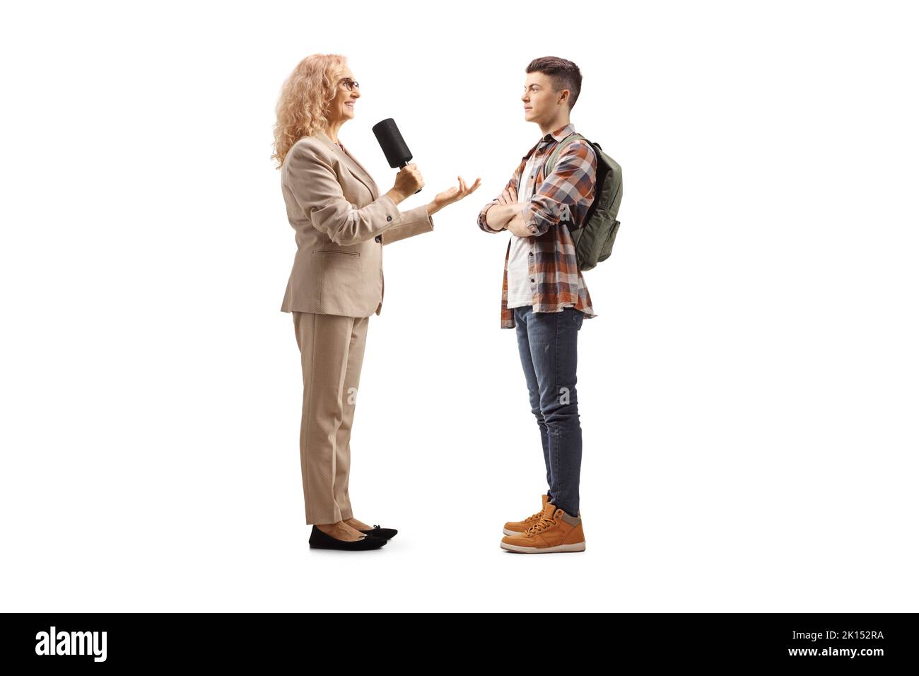 Female reporter interviewing a male student isolated on white ...