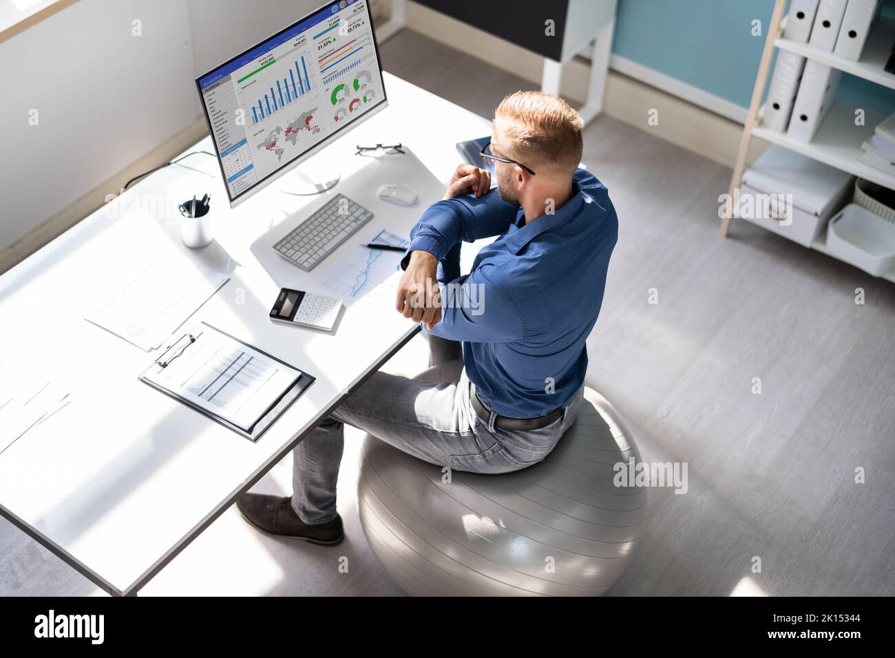 Stretching Office Workout. Desk Stretch Exercise At Workplace Stock ...