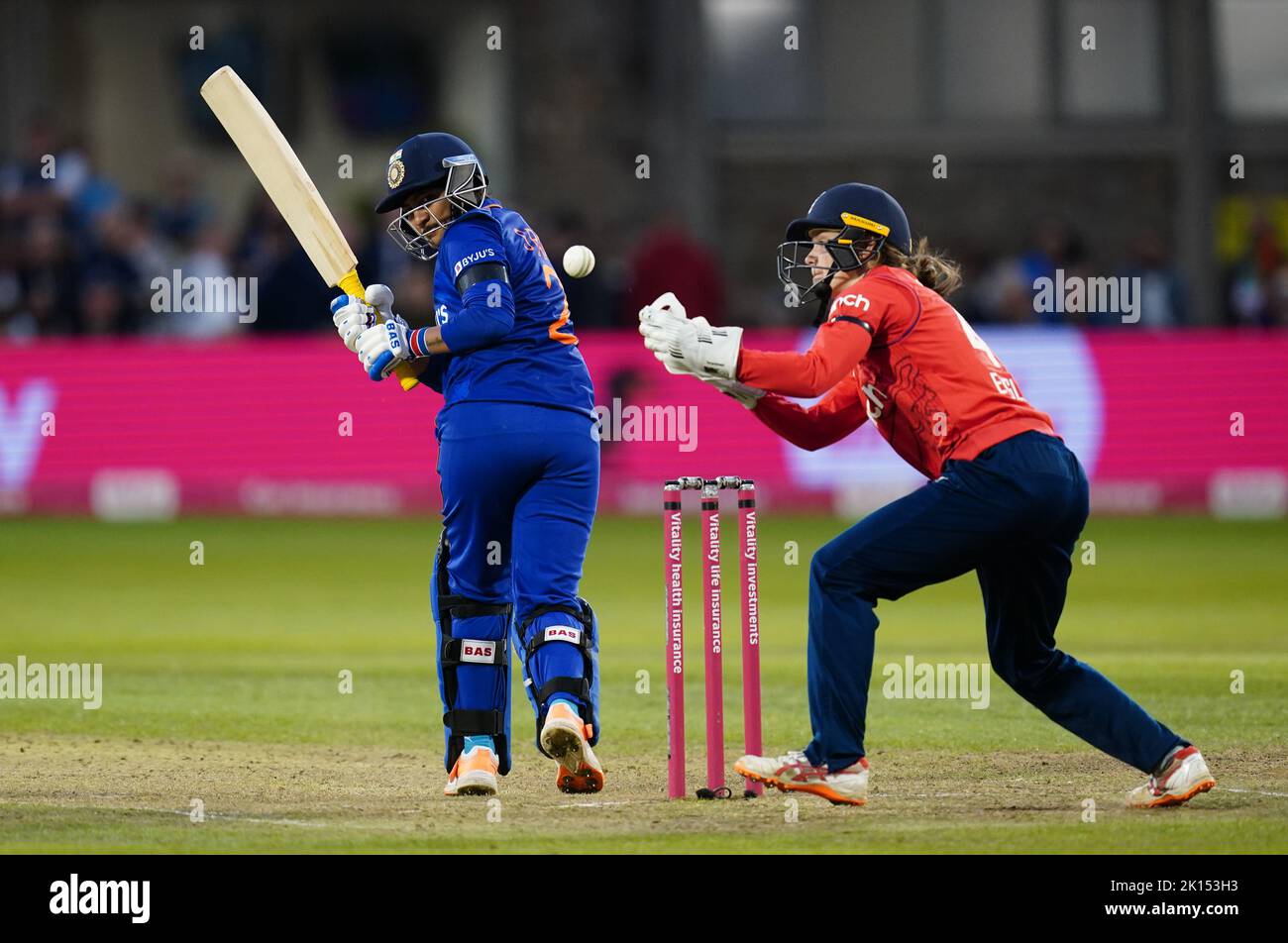 India's Sneh Rana and England's Amy Jones during the third T20 ...