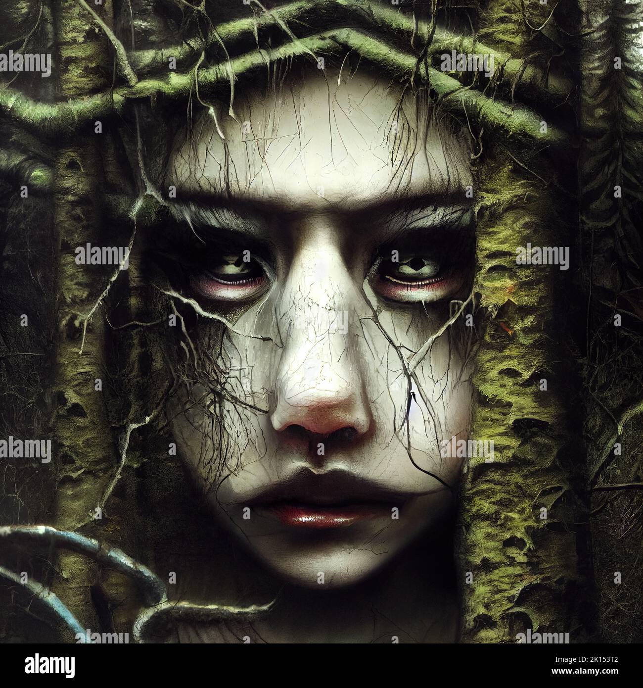 A scary female face as part of a forest Stock Photo - Alamy