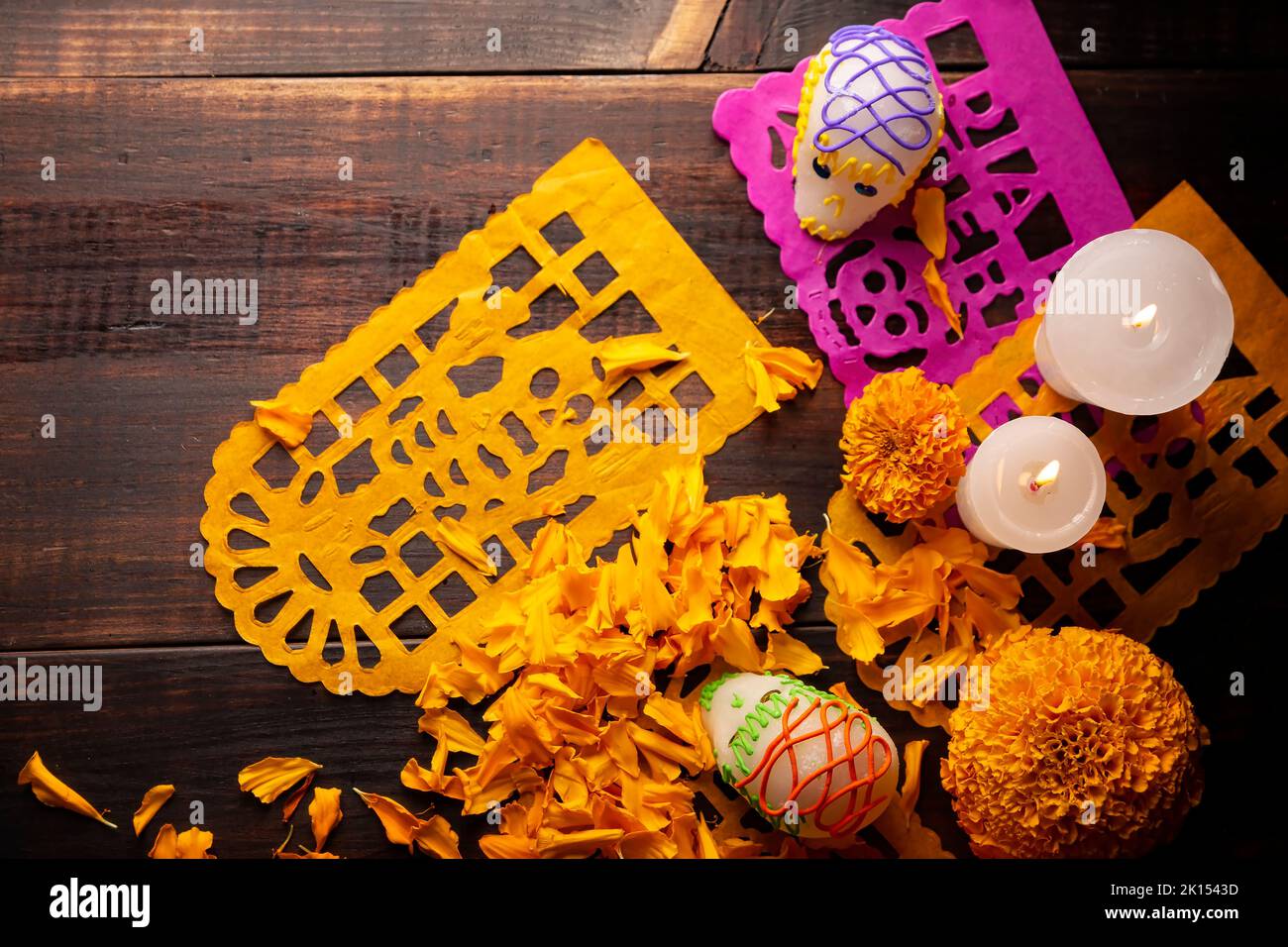 Sugar skulls with Candle, Cempasuchil flowers or Marigold and Papel ...