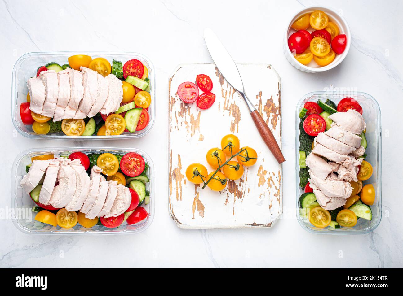 Meal prep lunch boxes containers with chicken and salad top view Stock ...