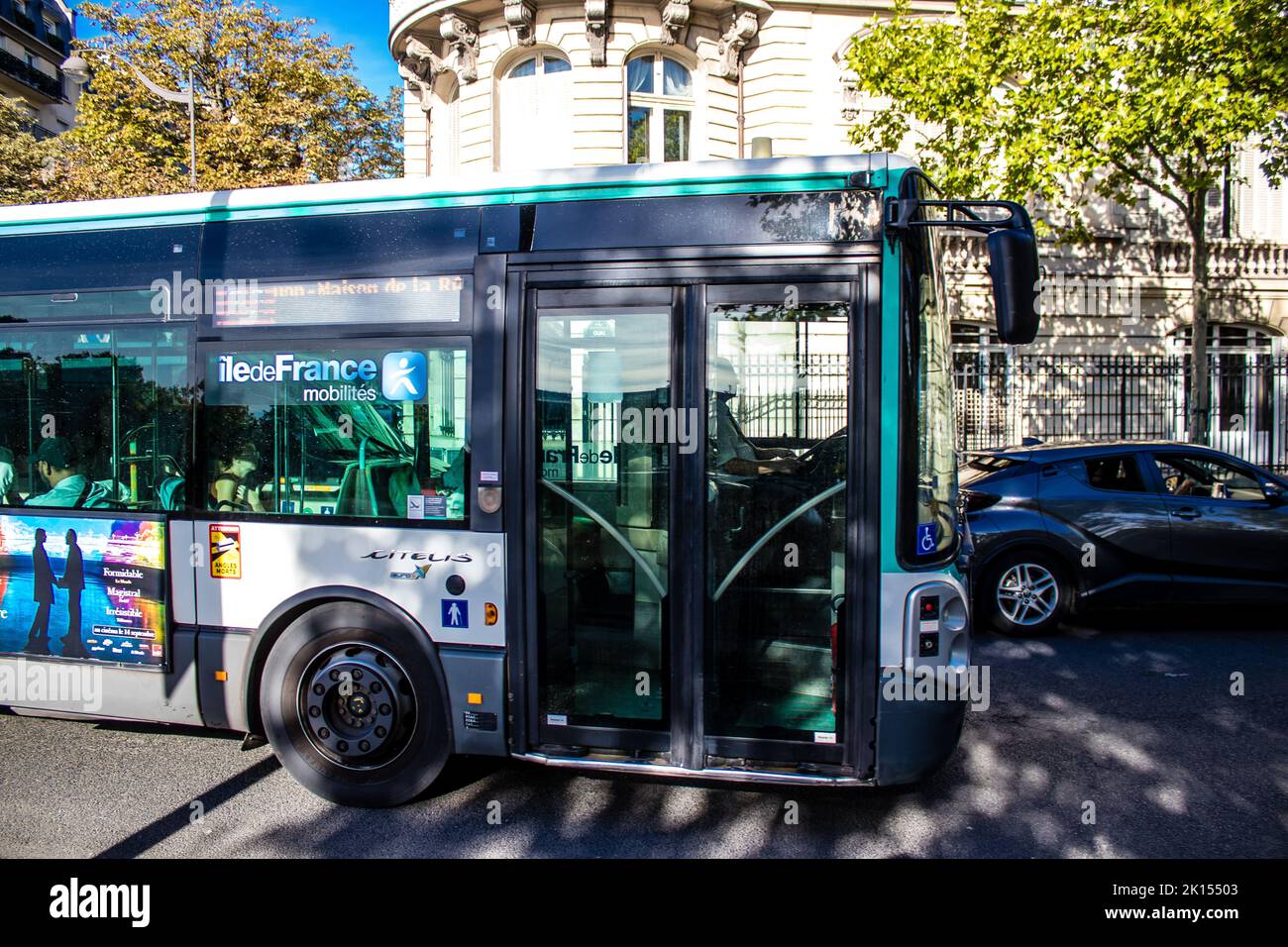 Paris, France - September 14, 2022 Bus driving through the streets of ...