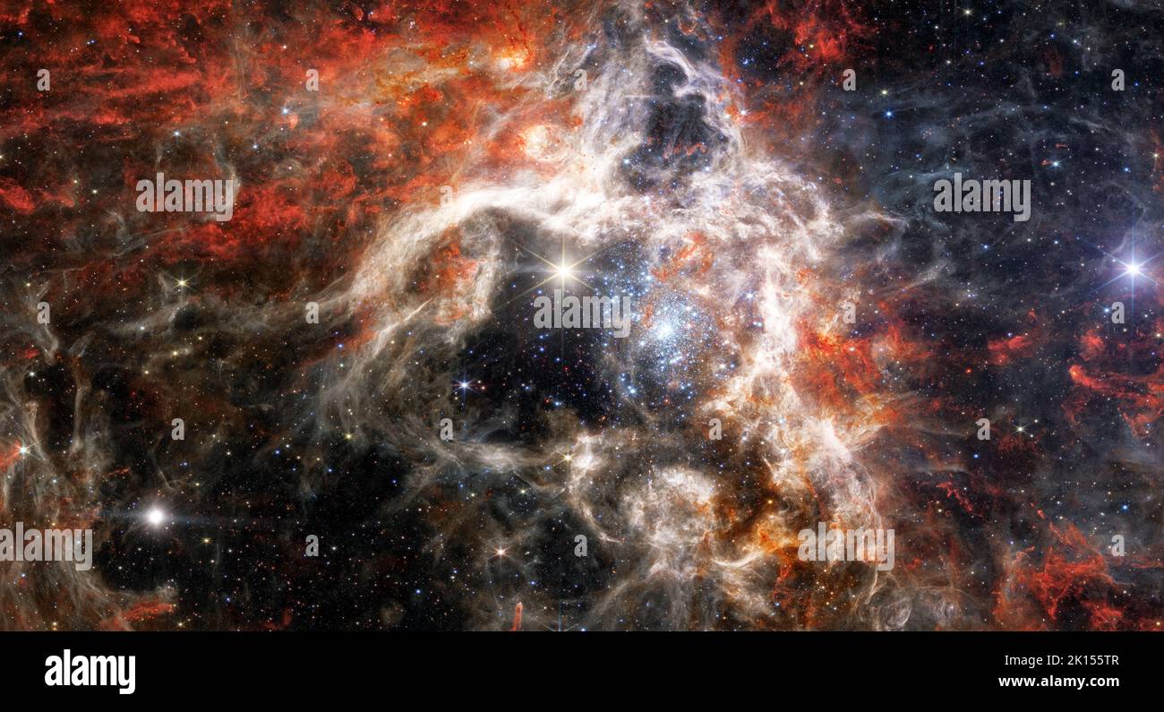 Tarantula Nebula, 30 Doradus, NGC 2070, Star-forming region in the deep space. Gas accumulations ...