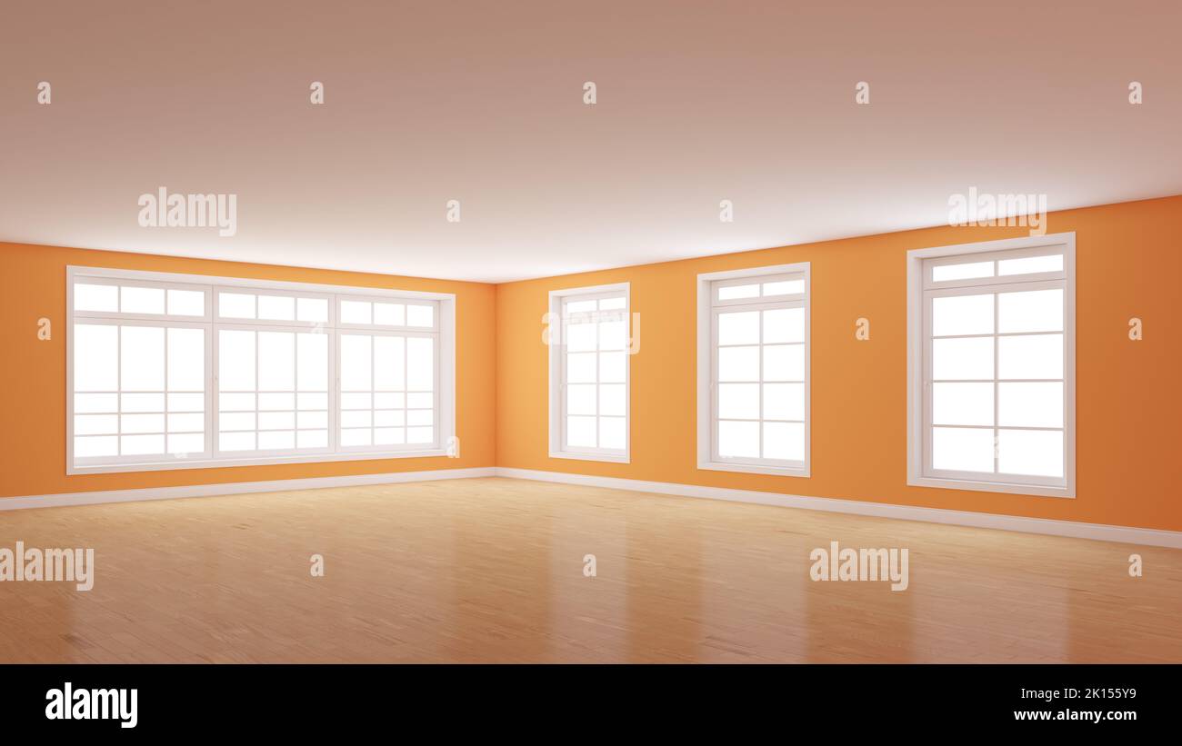 Interior Corner of the Empty Room with Orange Walls, Four Windows ...