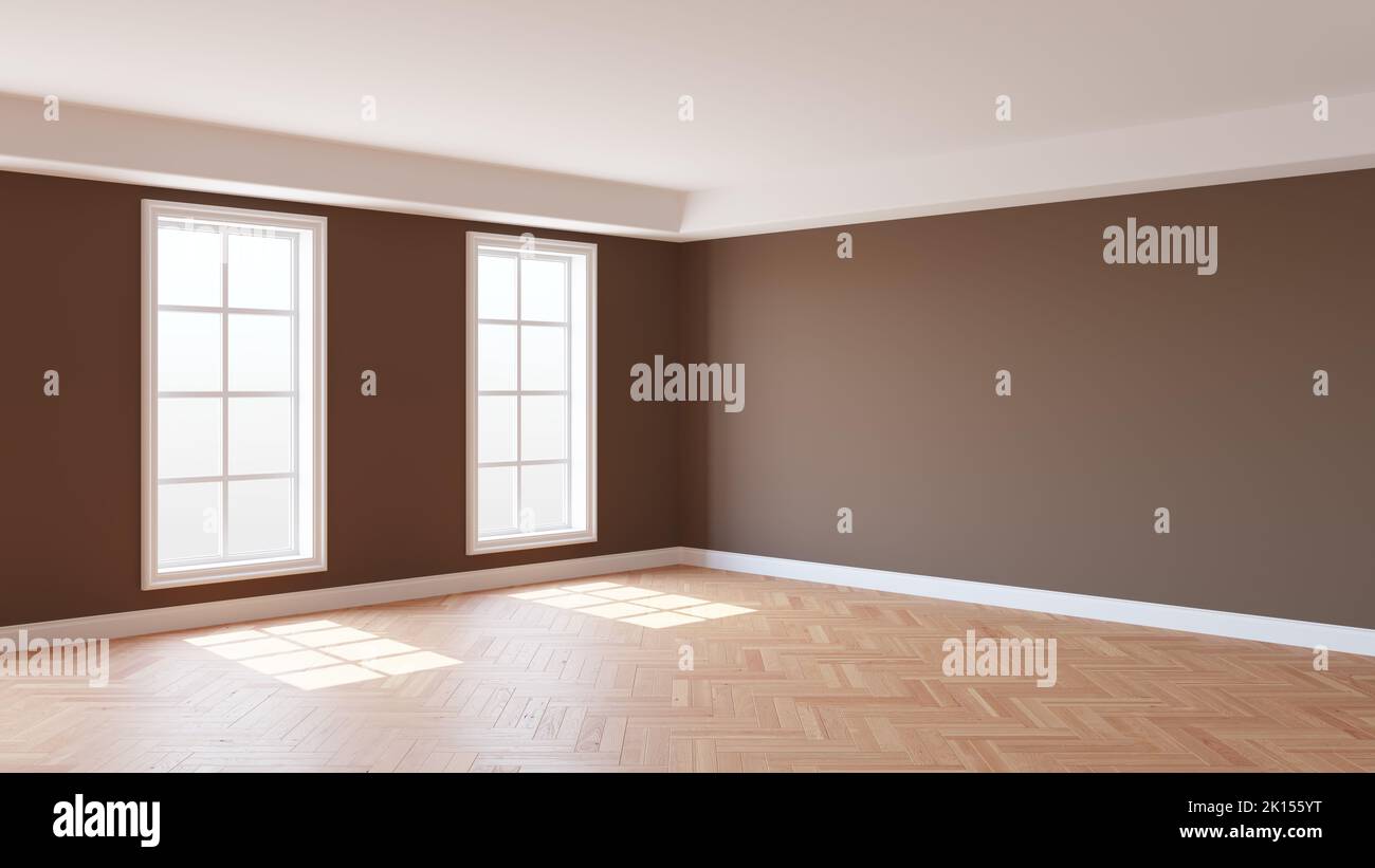 Sunny Interior ot the Empty Brown Room with a White Ceiling and Cornice ...
