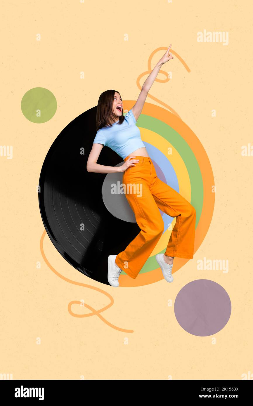 Creative abstract template collage of excited woman dancing have fun ...