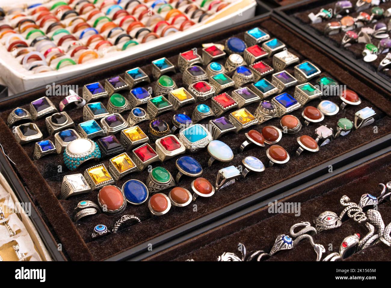 Vintage and old-fashioned rings at flea market stall or car boot sale ...