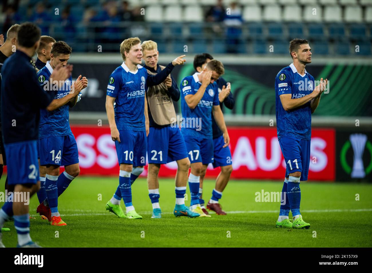 Gent's players celebrate after winning a soccer match between Belgian ...