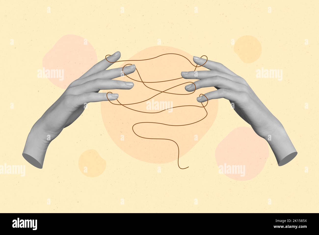 Collage 3d image of pinup pop retro sketch of hands hold tangled thread ...