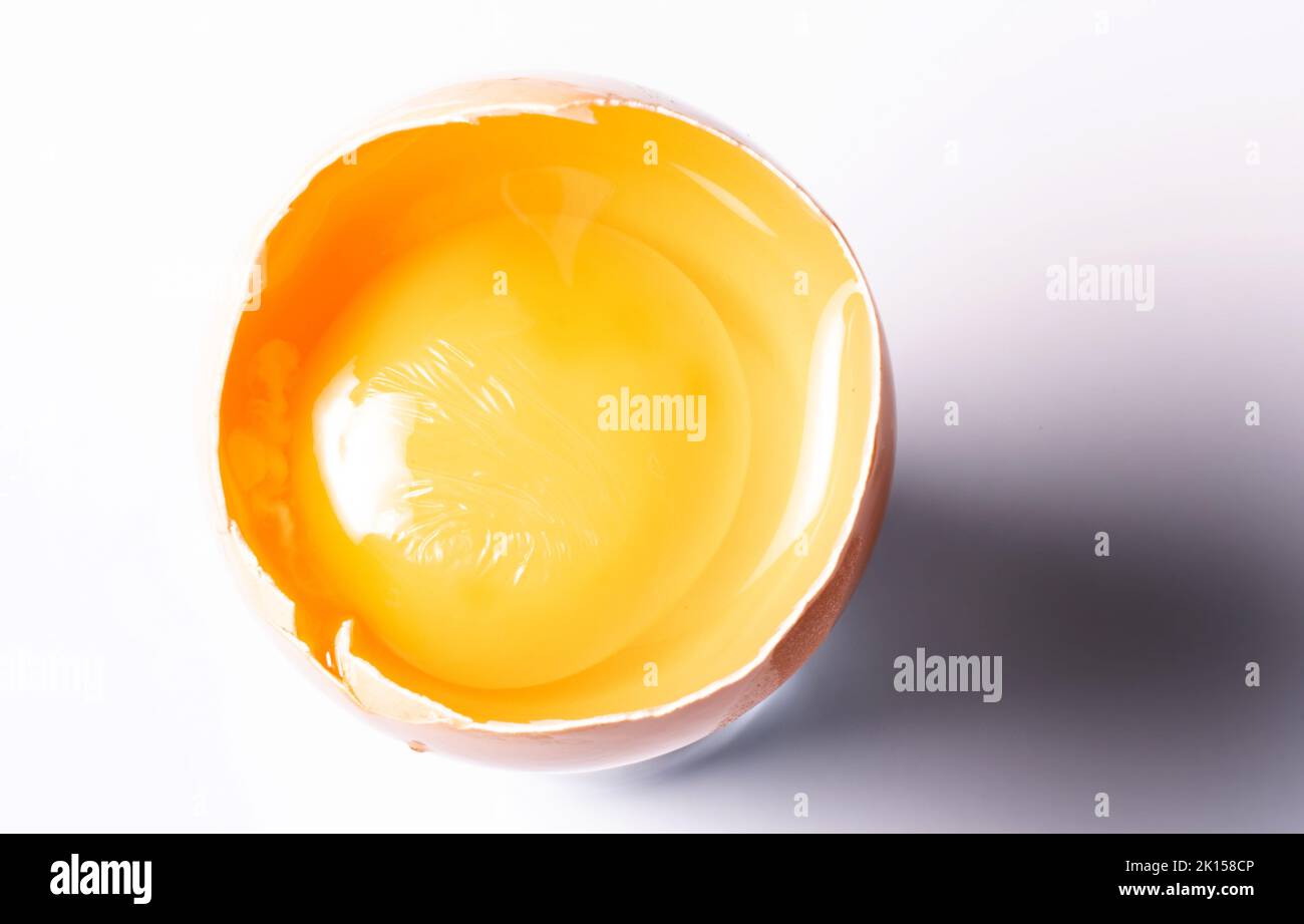 Egg yolk in a shell isolated on a white background. Egg yolk close-up ...