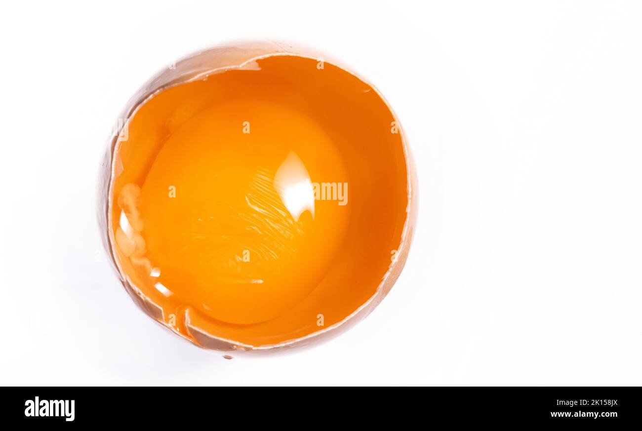 Egg yolk in a shell isolated on a white background. Egg yolk close-up ...